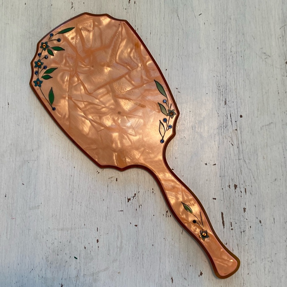 Vintage Art Deco Bakelite Vanity Hand Mirror Floral D… - Gem